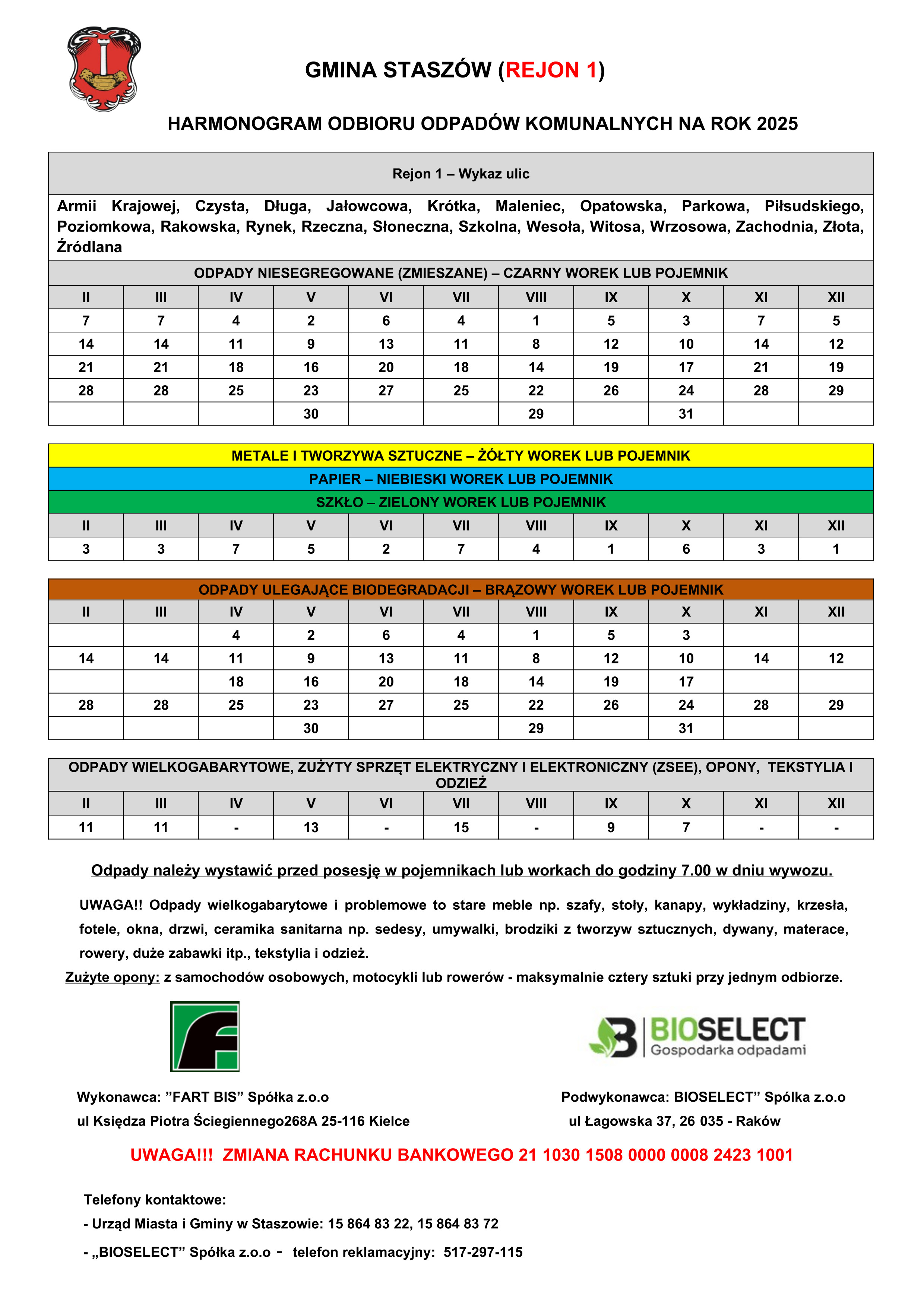 Harmonogram odbioru odpadów komunalnych od lutego do grudnia 2025 roku - Miasto i Gmina Staszów
