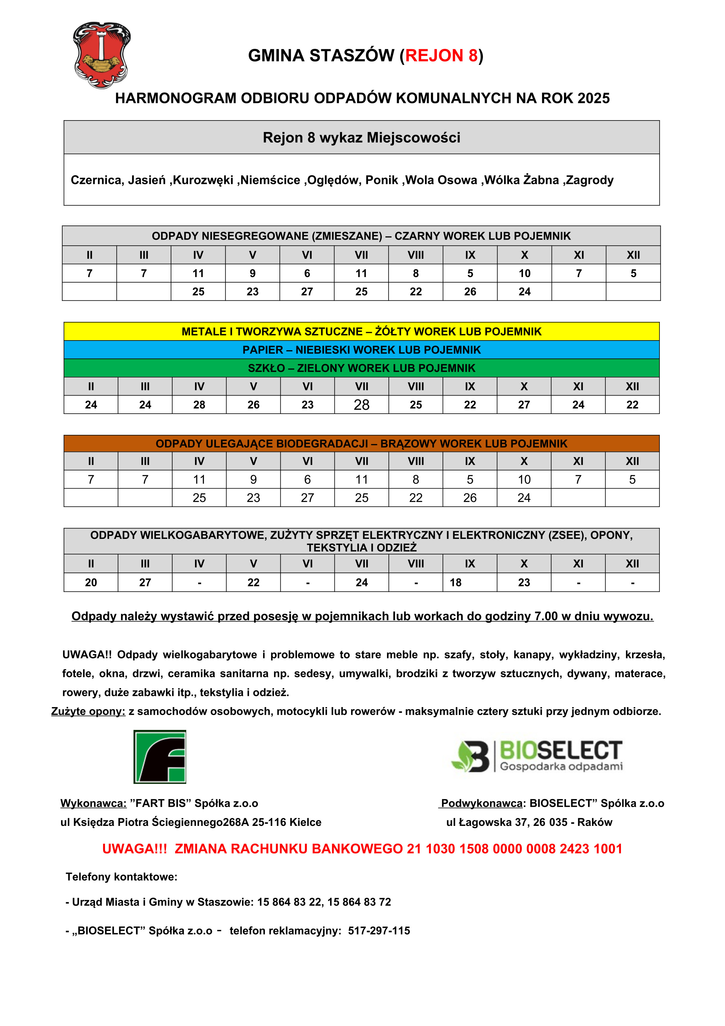 Harmonogram odbioru odpadów komunalnych od lutego do grudnia 2025 roku - Miasto i Gmina Staszów